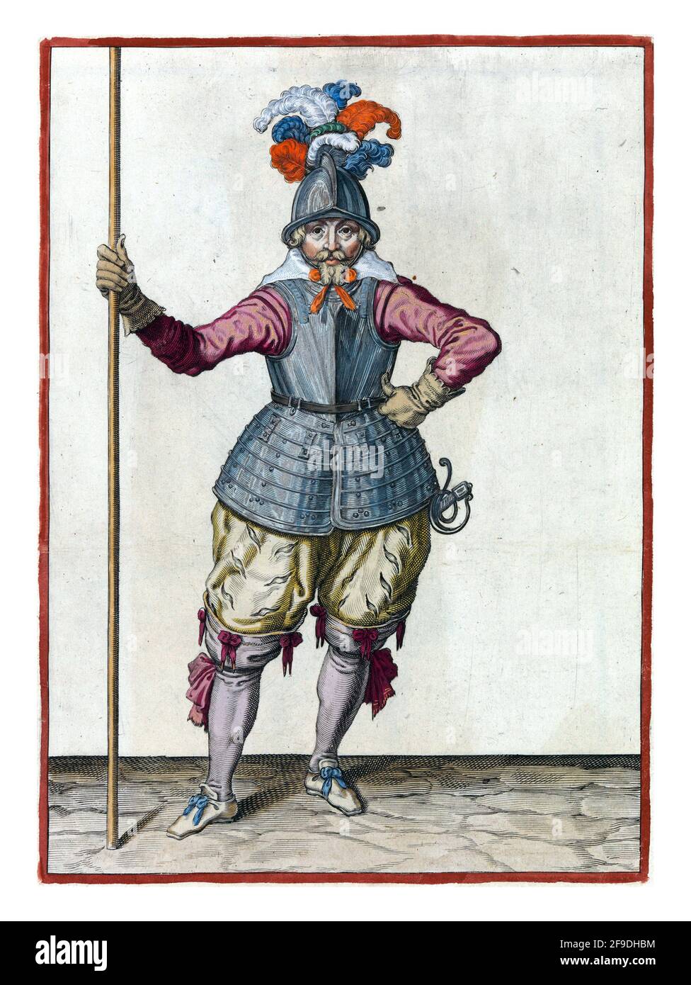 A soldier, full-length, holding a spear (lance) upright with his right ...