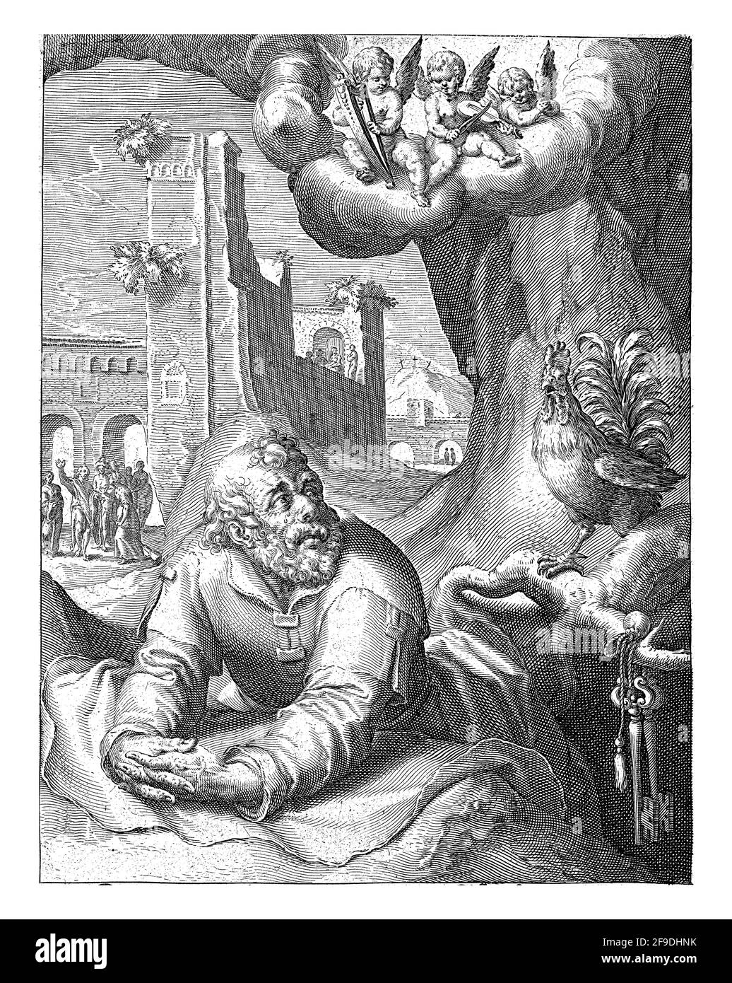 Peter, praying by a tree, from which hangs a bunch of keys. He has his ...