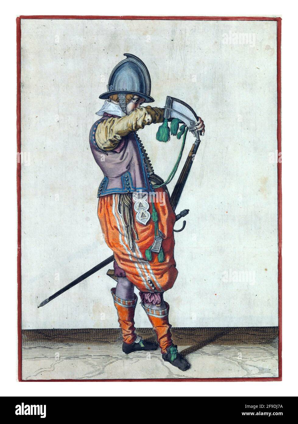 A soldier, full-length, to the right, holding a rudder with his left ...
