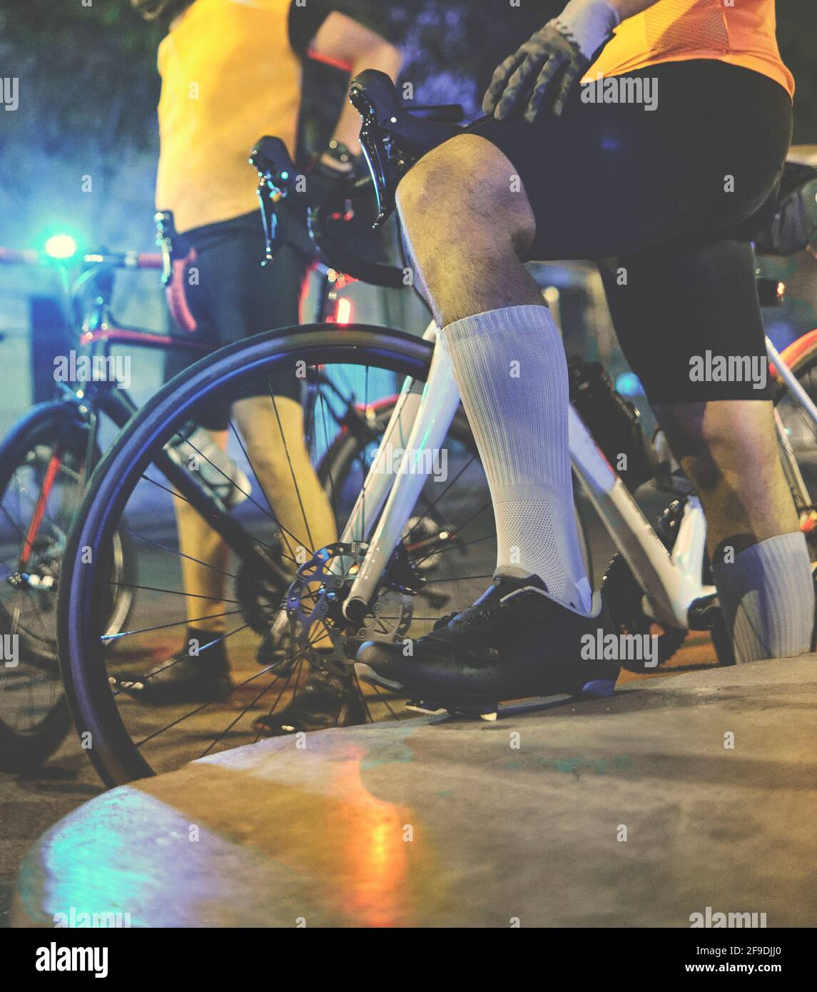 Group of cyclists preparing to start training, meeting of cyclist ...