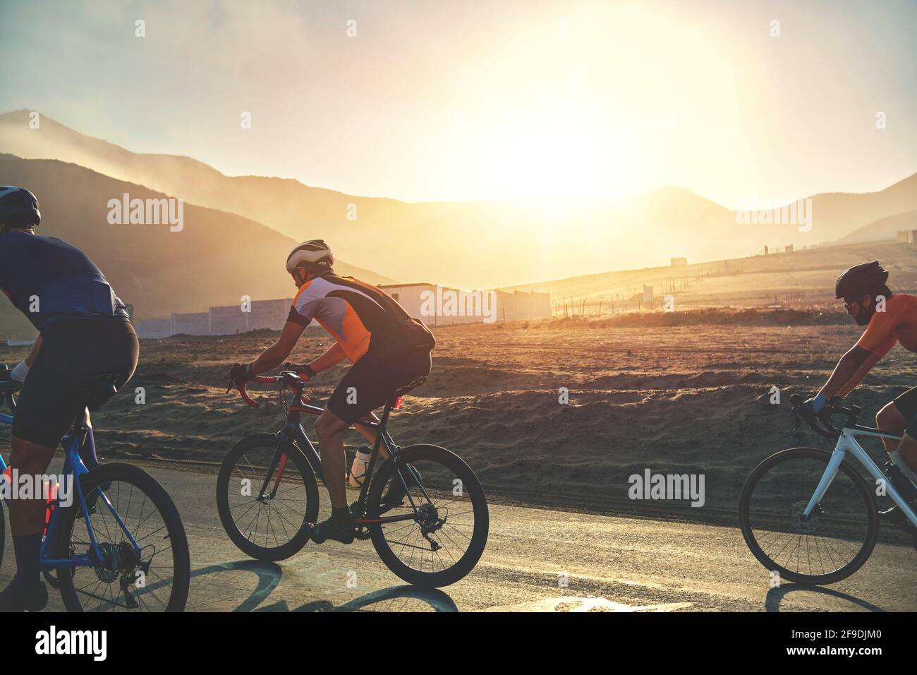 Group of cyclist friends riding race bike on sunset highway, sunset ...