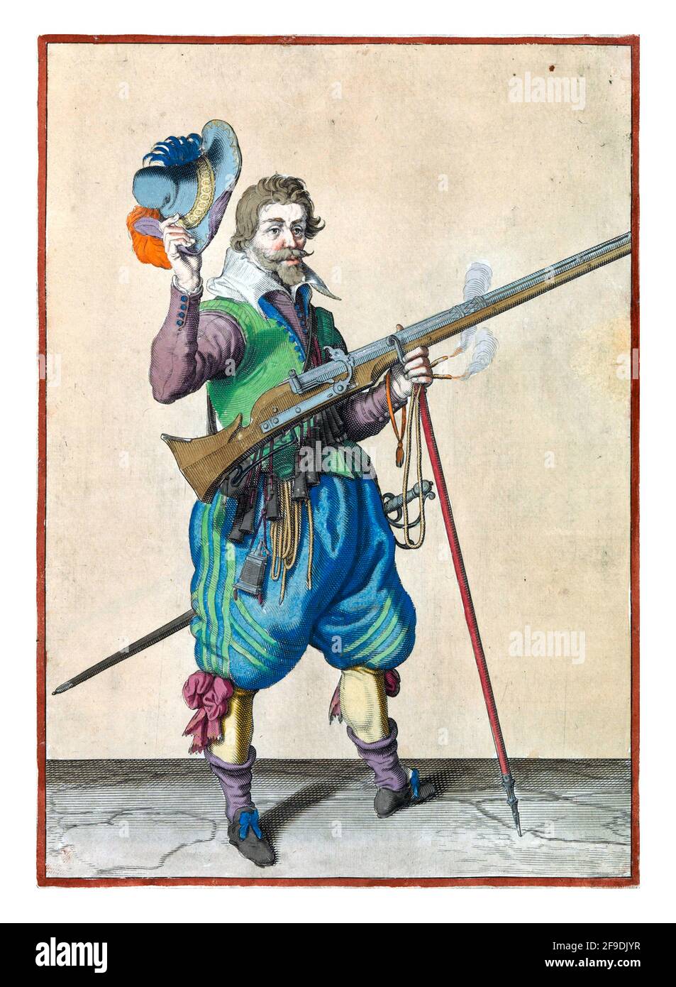 A soldier on guard, full-length, to the right, holding a musket, by his ...