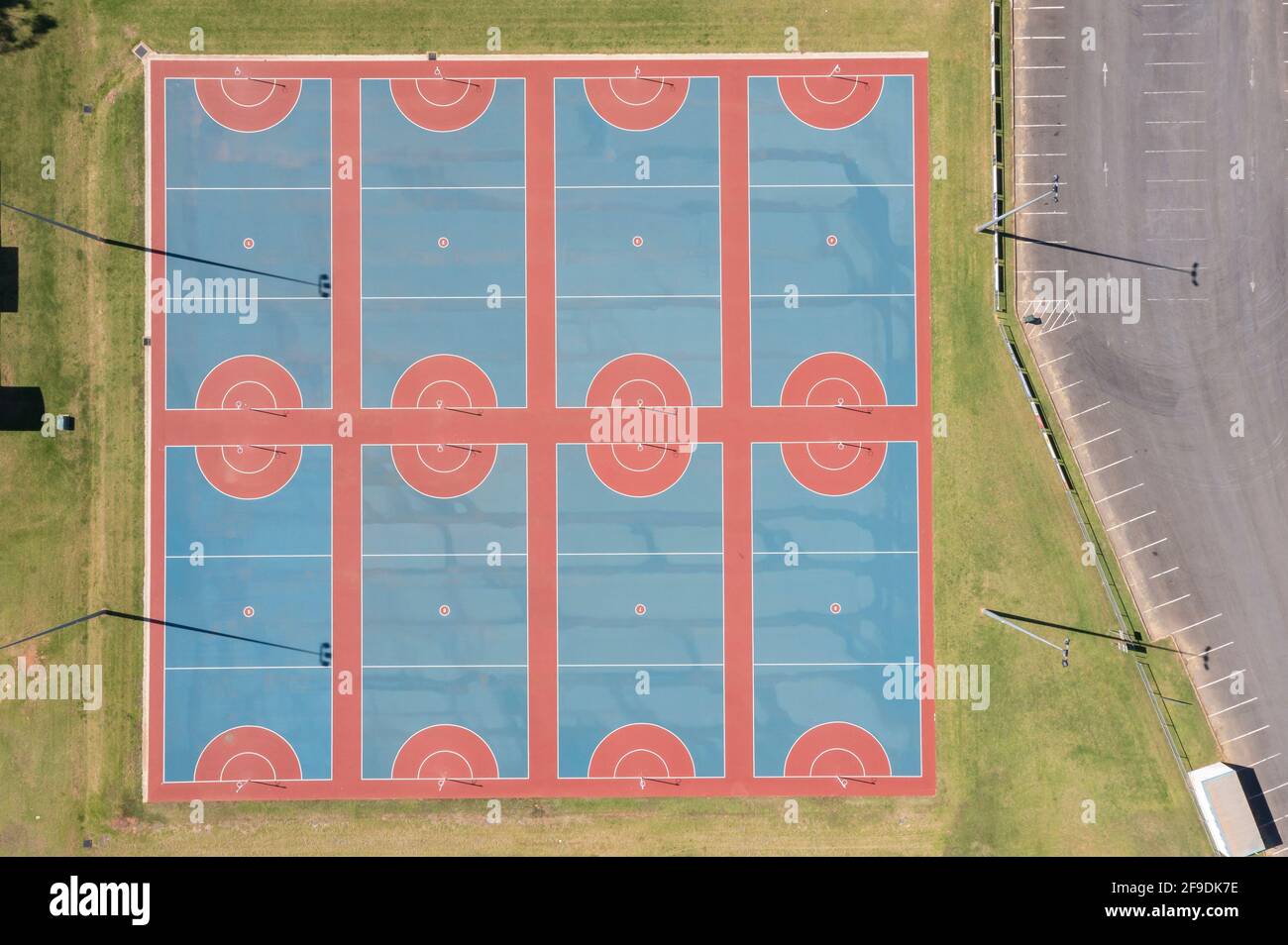 Drone aerial photograph of colourful netball courts and large sports ...