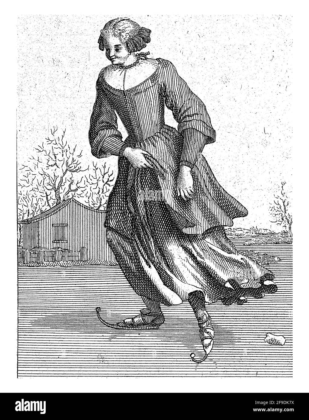 A young woman skates across the ice to the left, her skirts flapping in ...