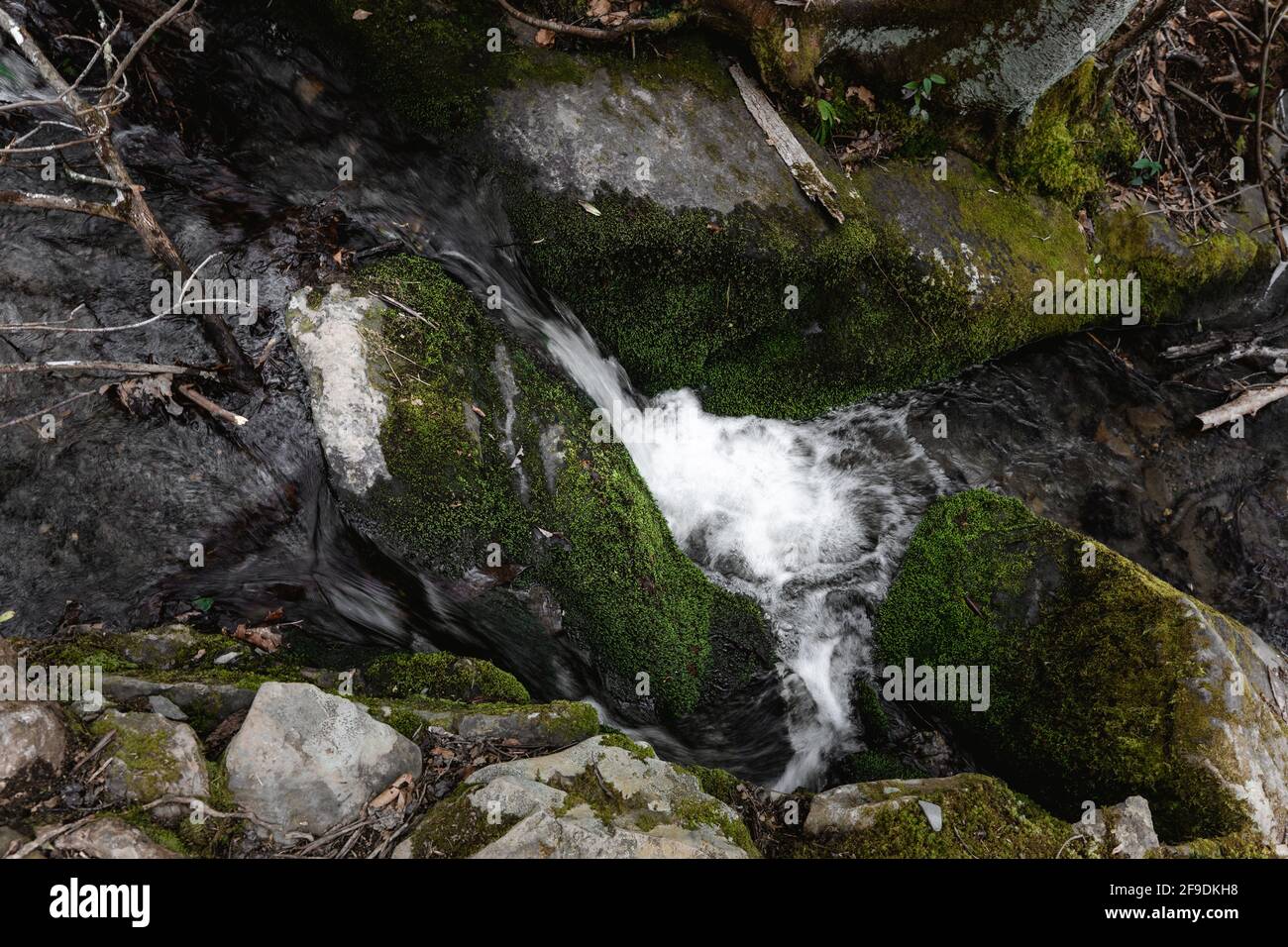 top down view of a small waterfall over mossy rocks Stock Photo - Alamy
