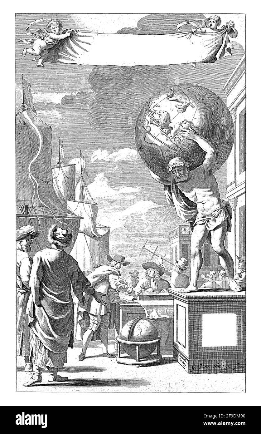 Some merchants and sailors stand by a statue of Atlas carrying the ...