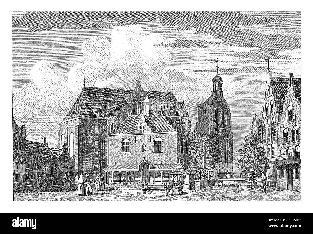 View of the church and market square in Workum. There are market ...