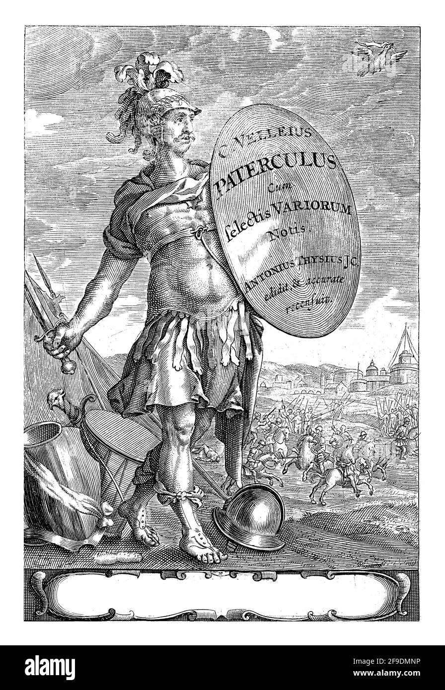 A Roman warrior, profile to the right, holds a shield with the text of ...