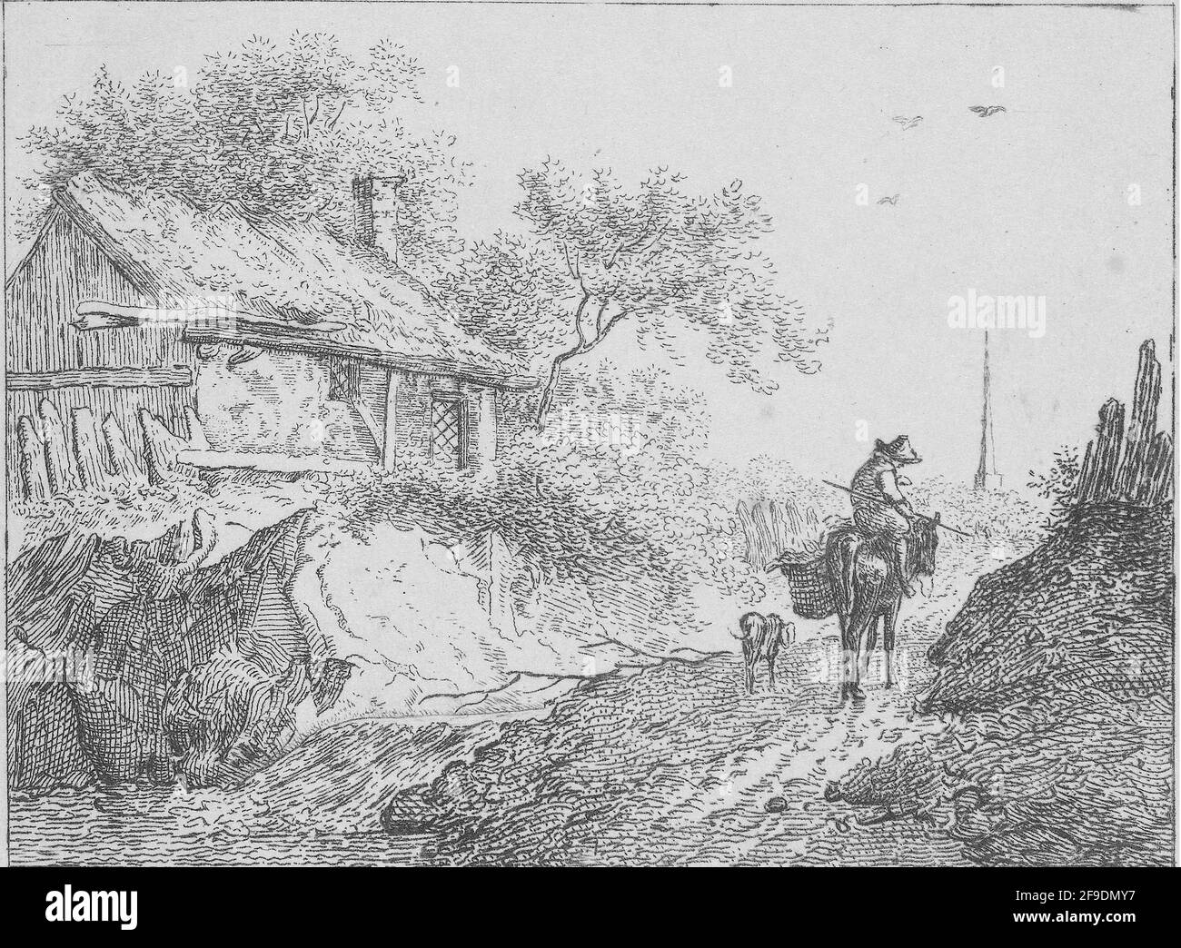 A man is riding a pack mule. A dog is walking next to them. A house to ...