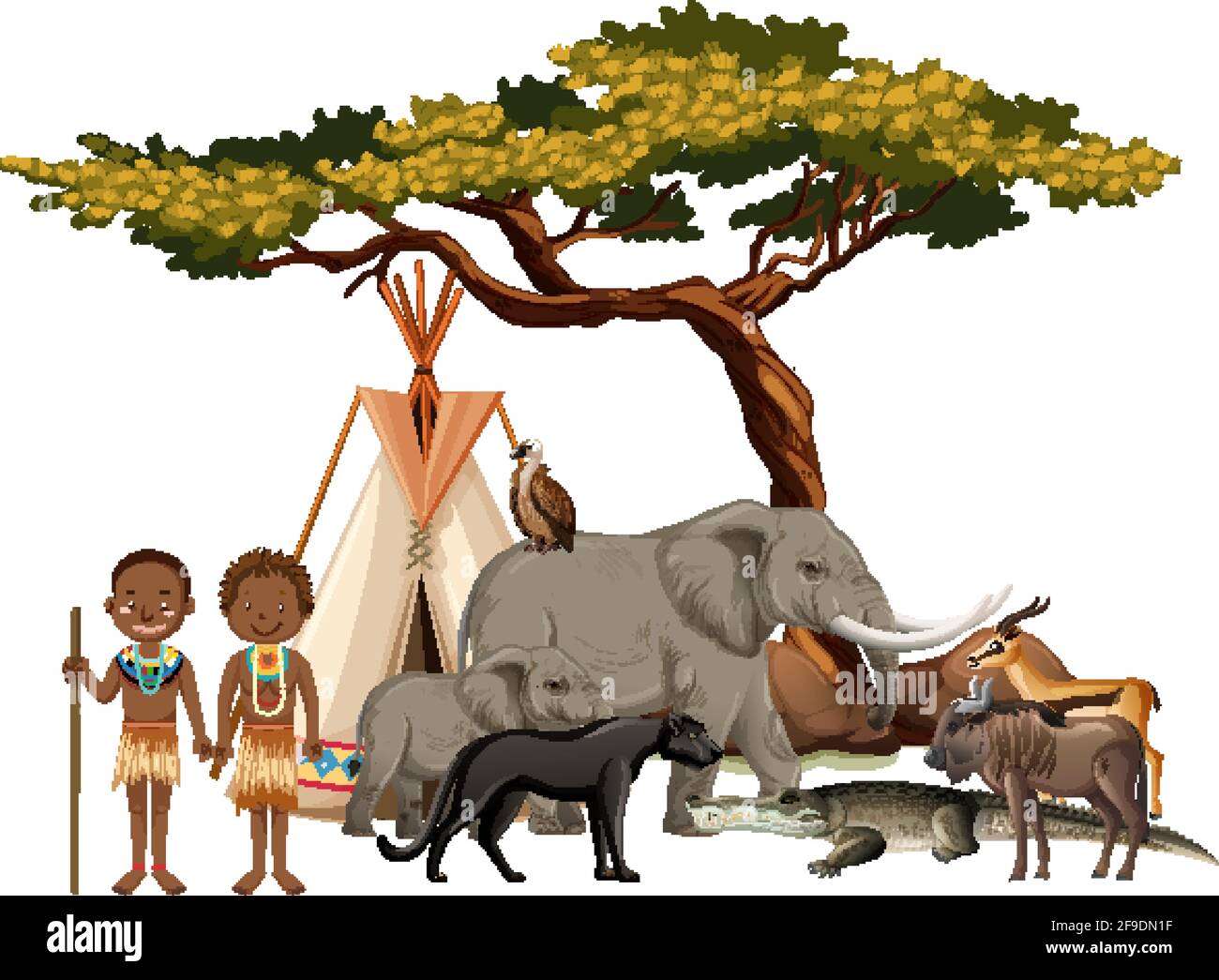 African tribe with group of wild african animal on white background ...