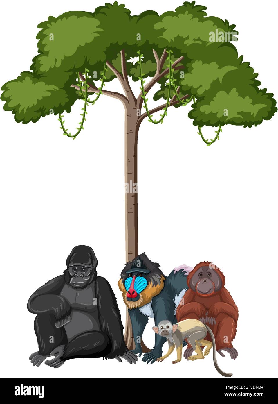 Wild animals with rainforest tree on white background illustration ...