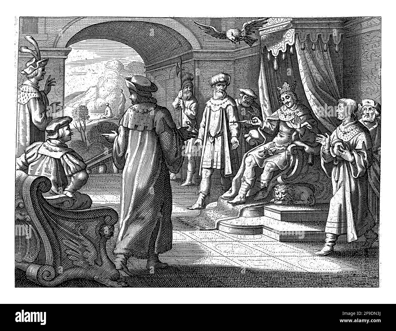 The Egyptian Pharaoh Psammetichus sits on a throne in his throne room ...