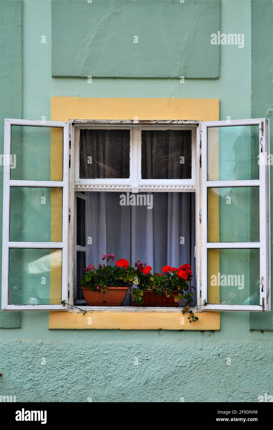 A vertical shot of a beautiful open window exterior on the light green ...