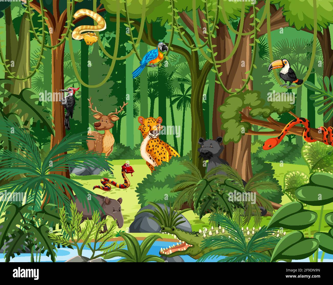 Wild animal cartoon character in the forest scene illustration Stock ...