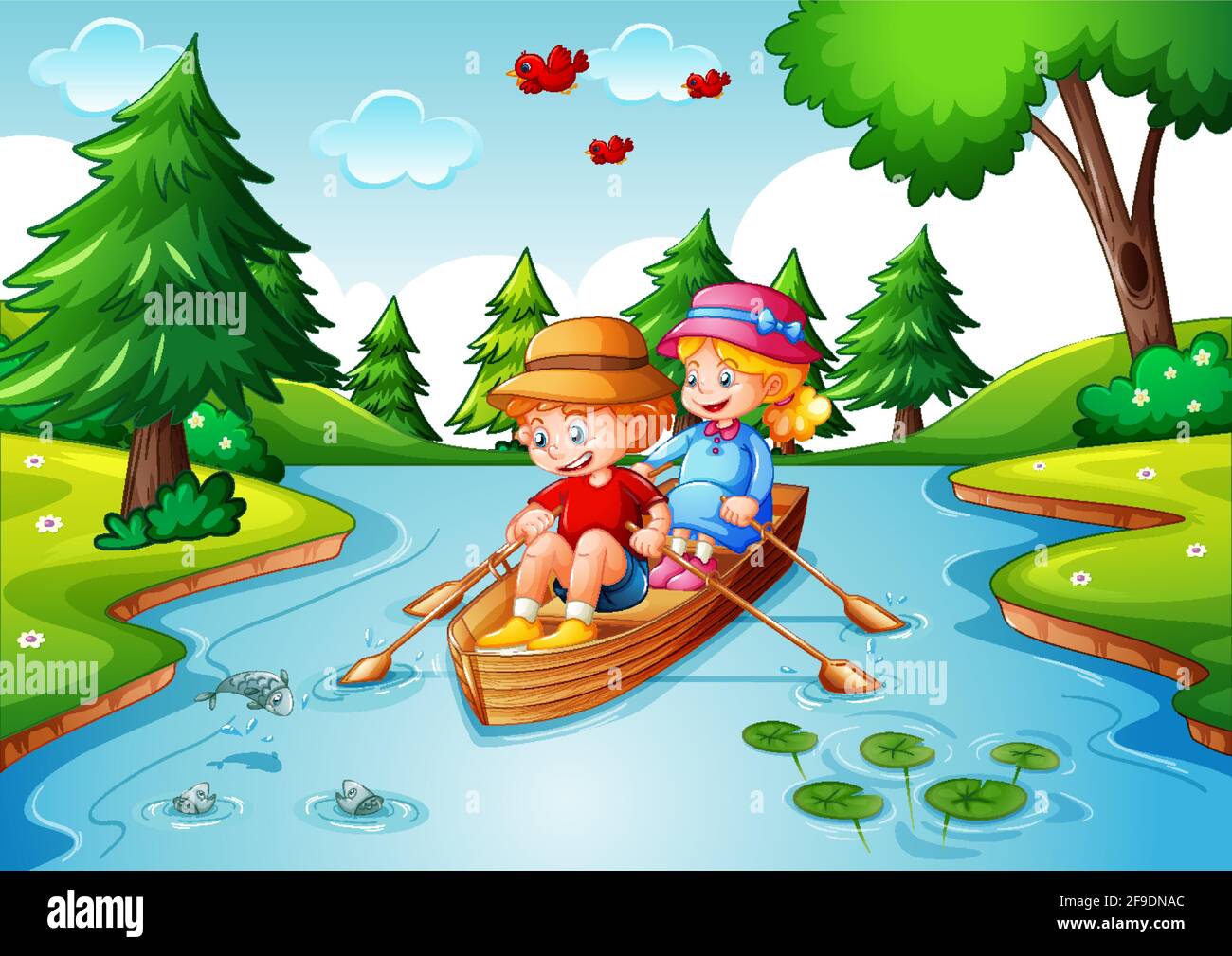 Children row the boat in the stream forest scene illustration Stock ...