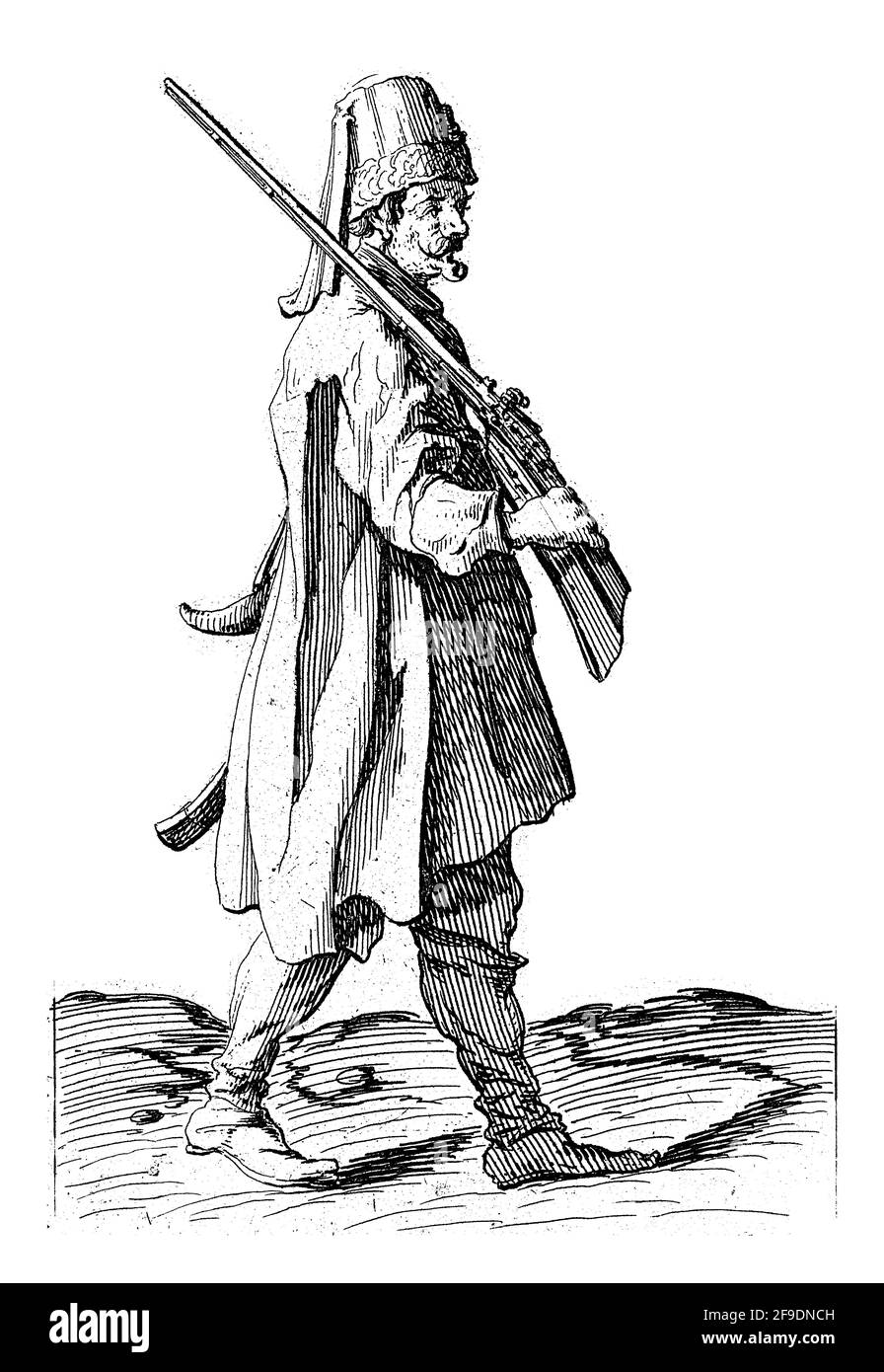 Man in oriental clothes with a musket on his shoulder. The print is ...