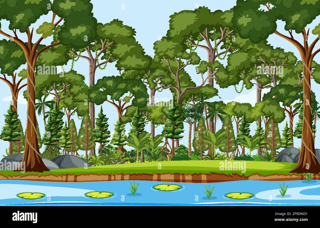 Forest scene with pond and many trees illustration Stock Vector Image ...