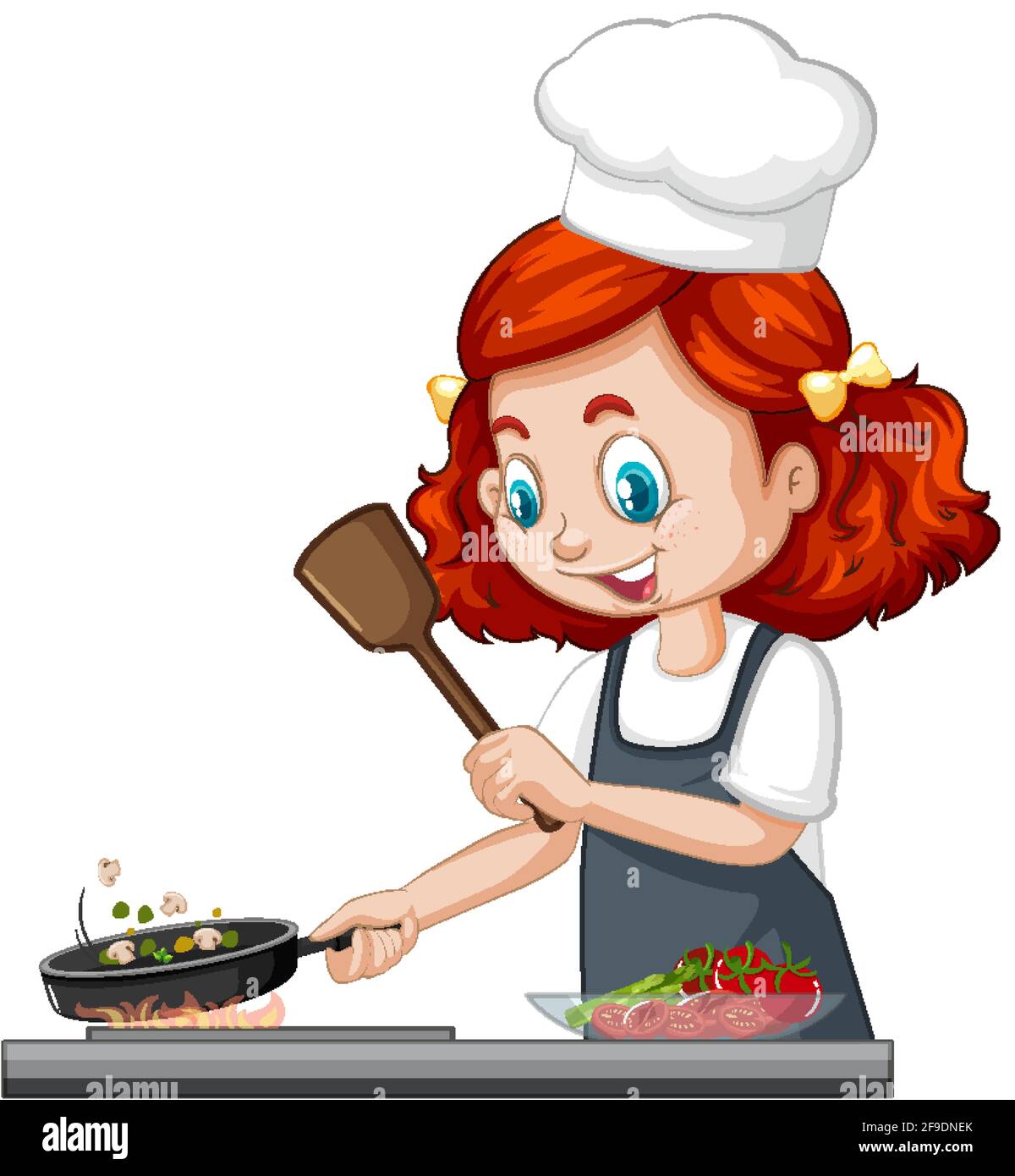 Cute girl character wearing chef hat cooking food illustration Stock ...
