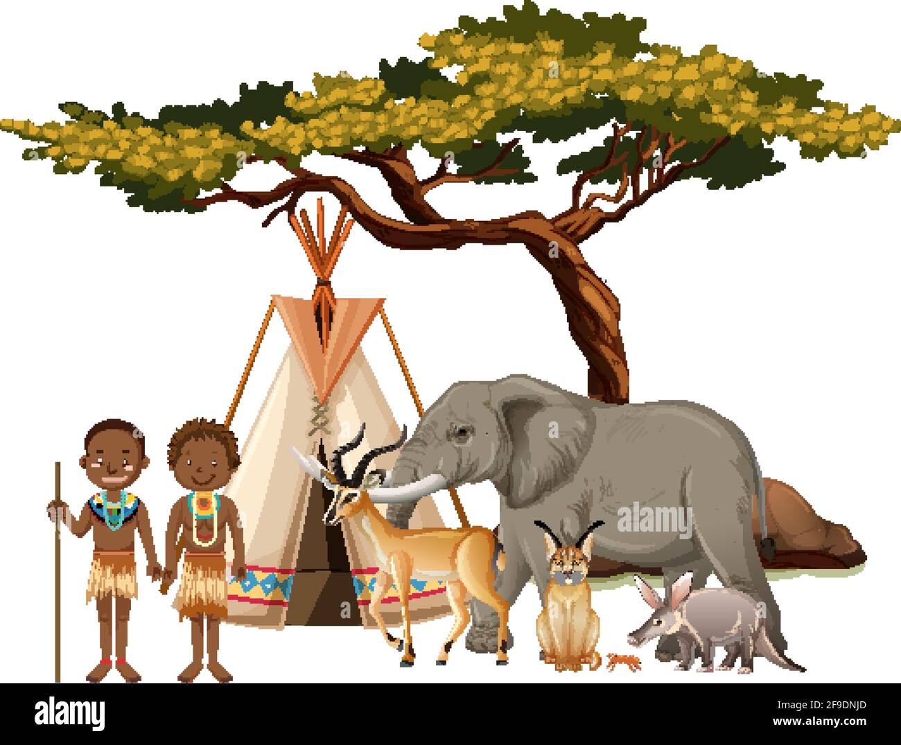 African tribe with group of wild african animal on white background ...