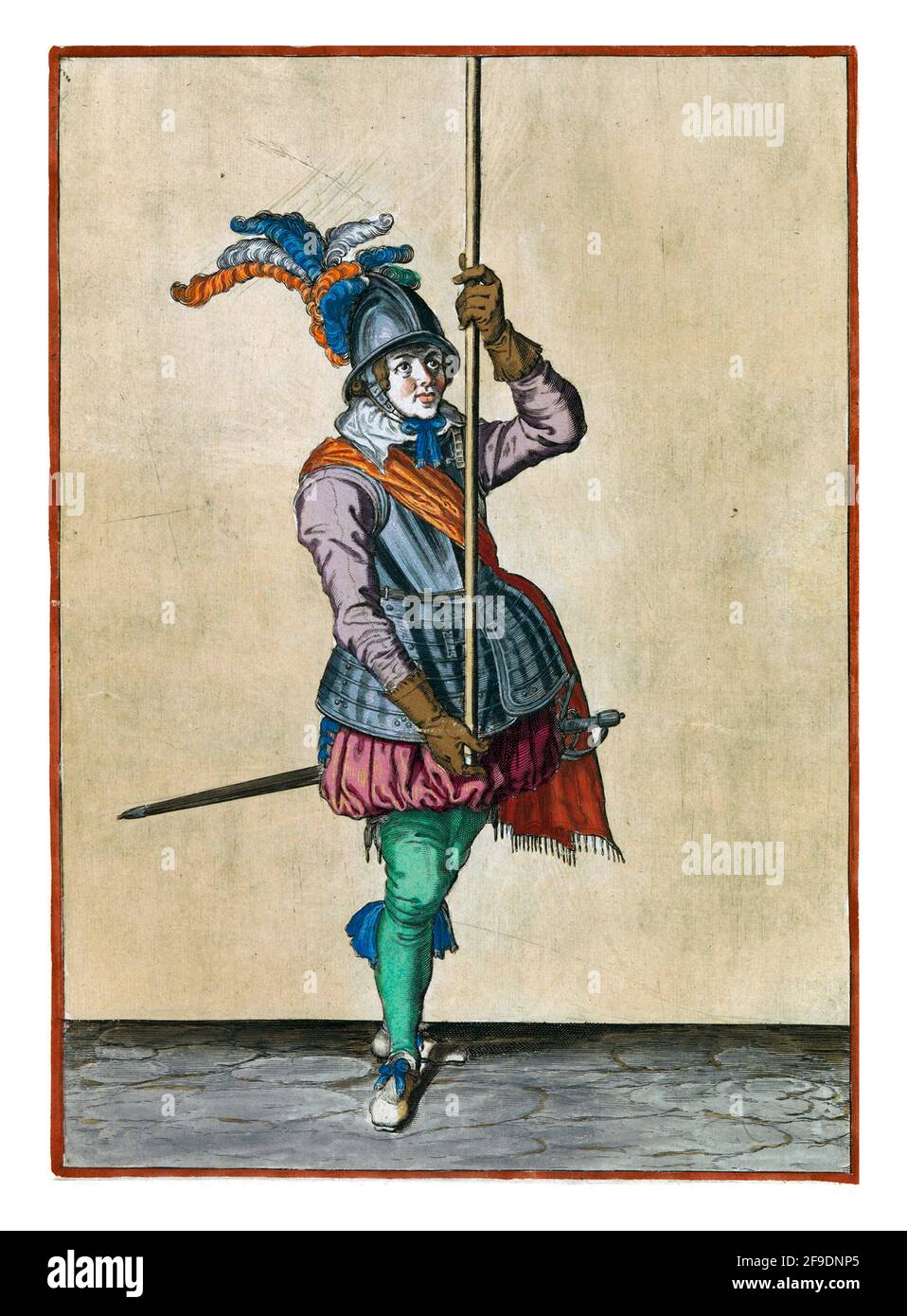 A soldier, full-length, holding a spear (lance) with both hands upright ...