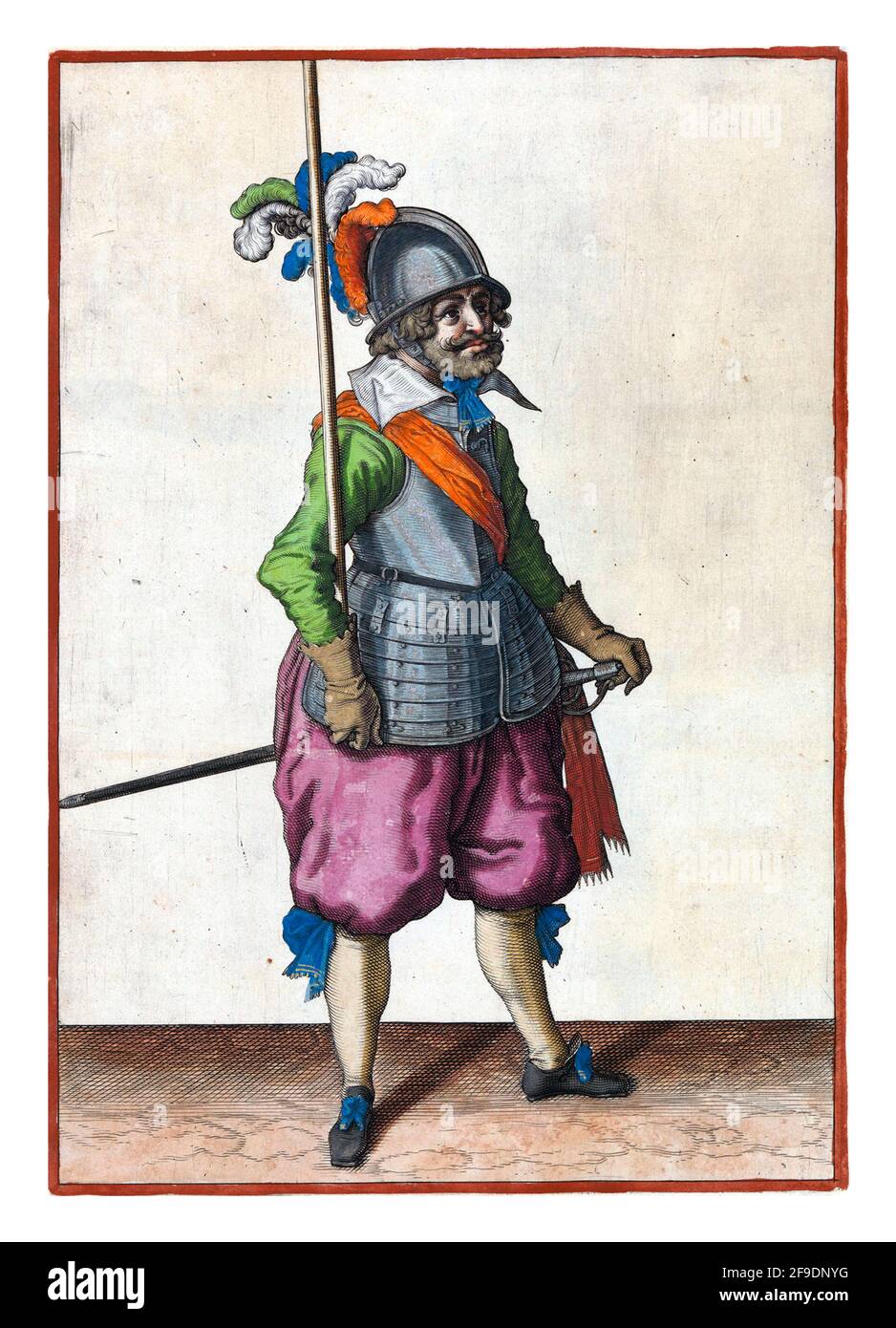 A full-length soldier holding a spear (lance) in his right hand leaning ...