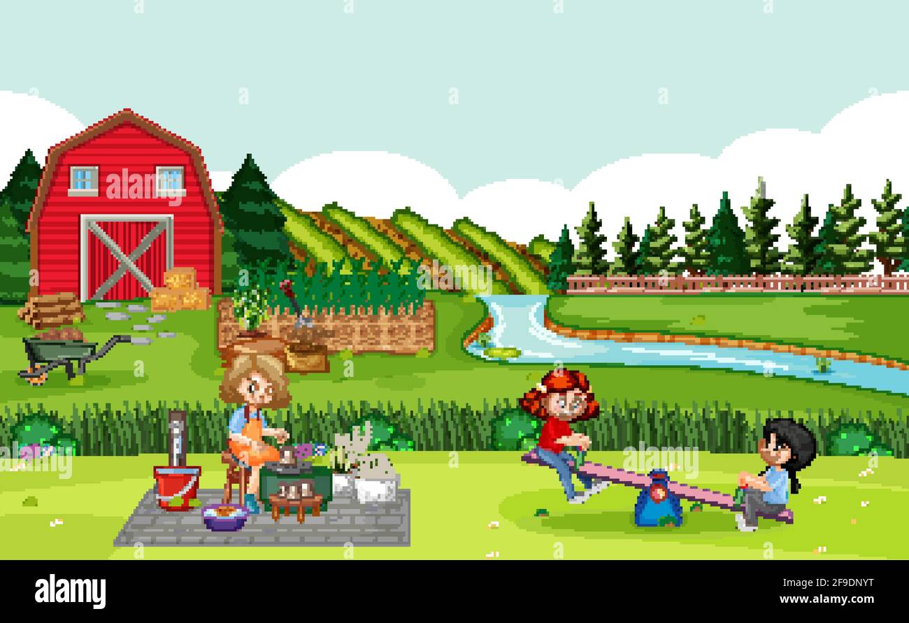 Happy family in farm scene with red barn in field landscape ...