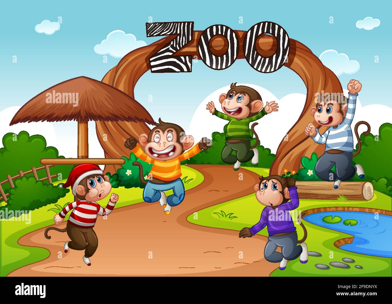 Five little monkeys jumping in the zoo scene illustration Stock Vector ...