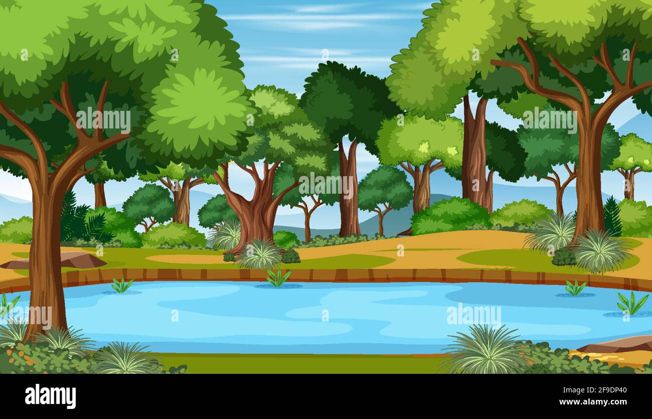 Nature scene with pond in the forest landscape illustration Stock ...
