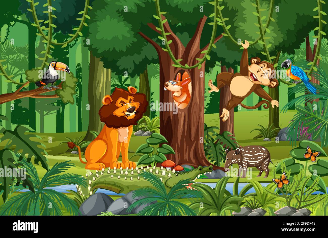 Wild animal cartoon character in the forest scene illustration Stock ...