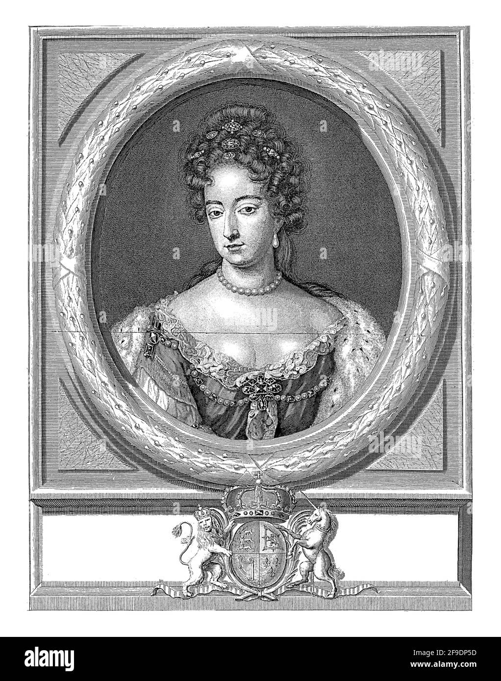 Portrait of Mary II in an oval of oak leaves. In the middle of her coat ...