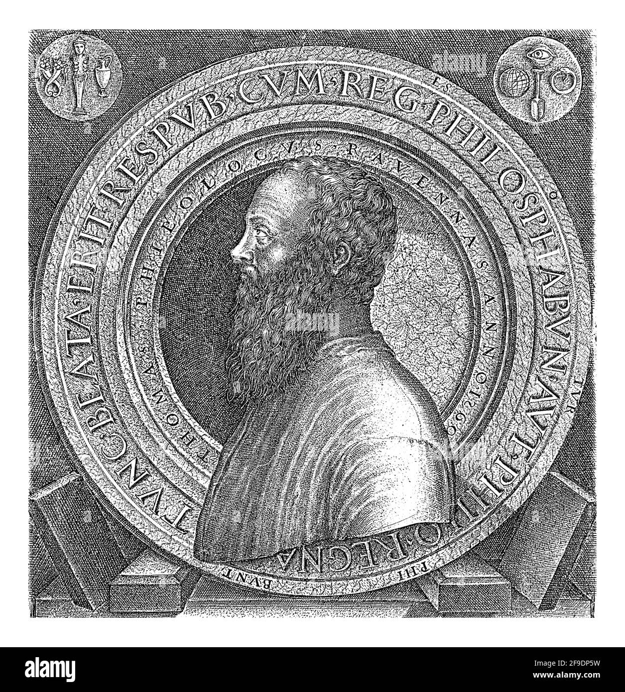 Bust of philologist Thomas of Ravenna to the left, for a round list. At ...