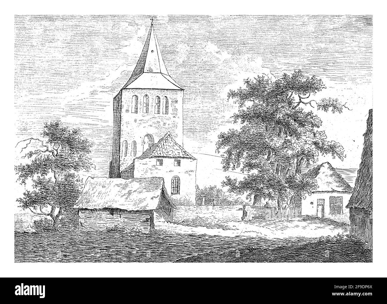 Church with a square church tower. On either side a tree and village ...