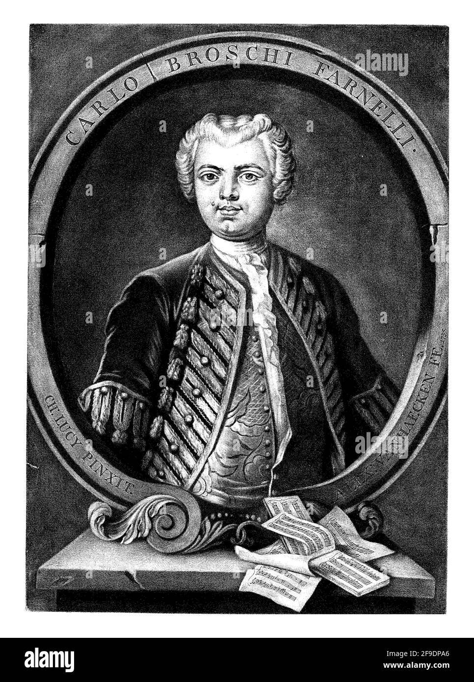 Italian singer Carlo Broschi, also known as Farnelli. In front of him a ...