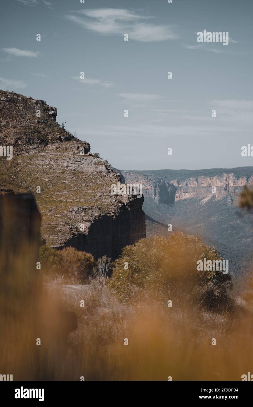 View of the rock faces across the valley from Walls Lookout in the Blue ...