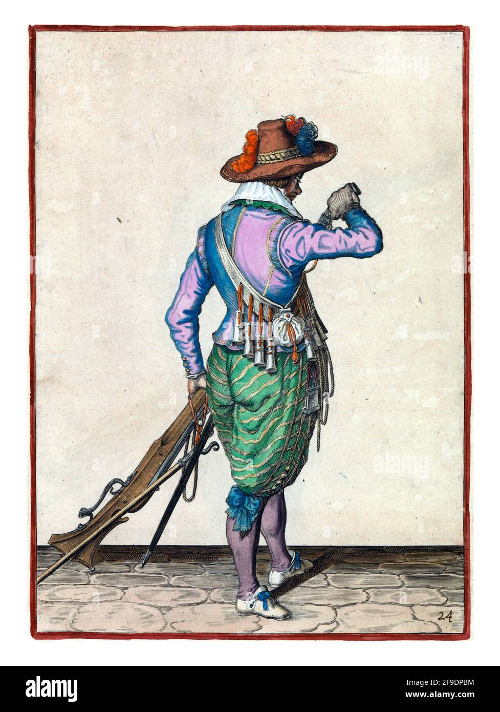 A soldier, full-length, to the right, seen from the back, holding a ...