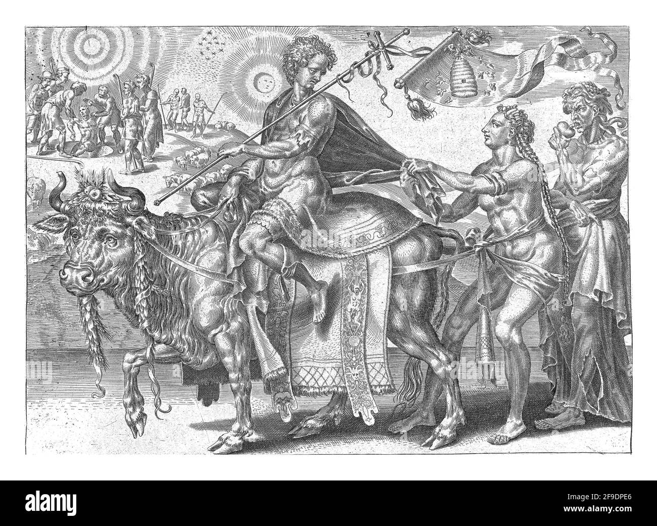 In the foreground Joseph riding an ox. In his left hand a cross with a ...