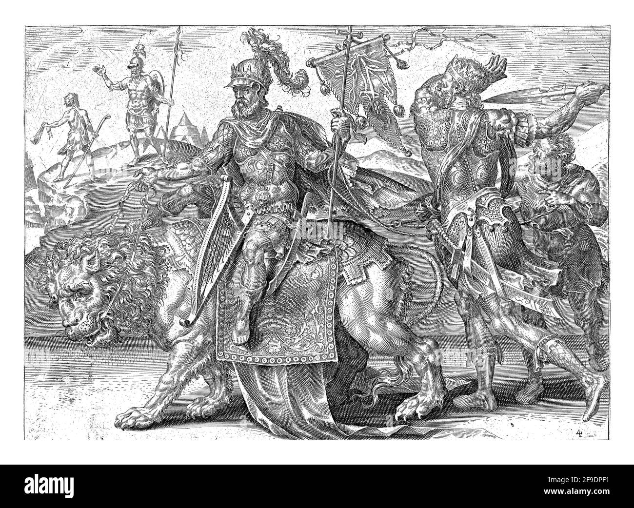 In the foreground David with his harp riding a lion. In his left hand a ...