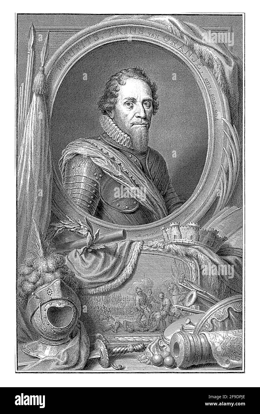 Portrait of Maurits in an oval with edge lettering. There are a number ...