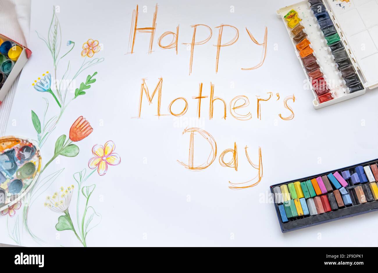 Holiday card for mother's day. Children's drawing on a large sheet of ...