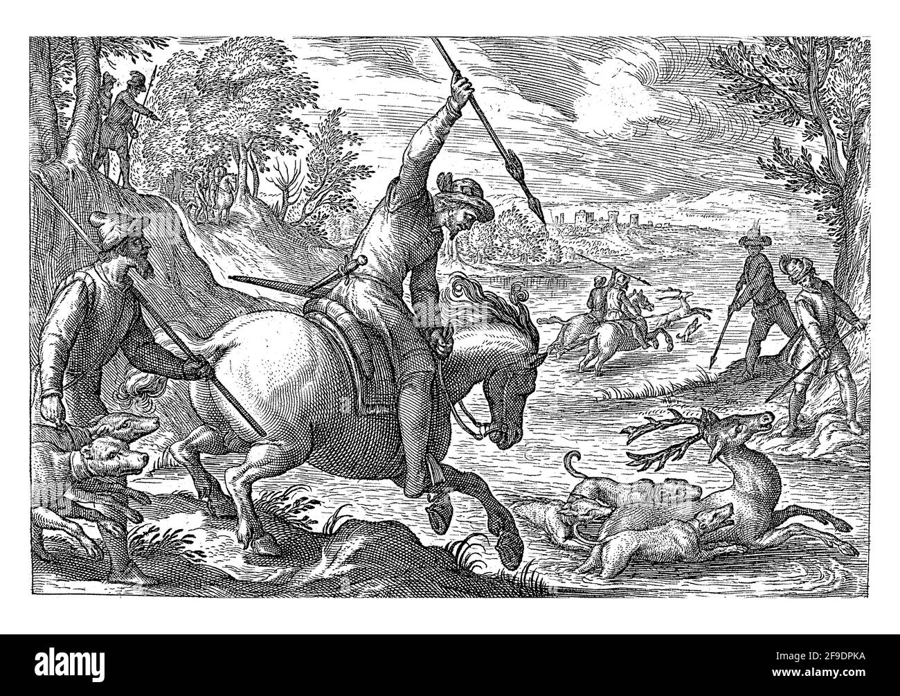 River landscape with riders and hunters with spears on deer hunting. In ...