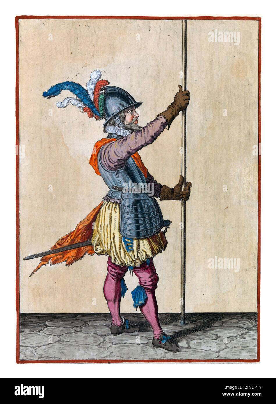 A soldier, full-length, to the right, holding a spear with both hands ...