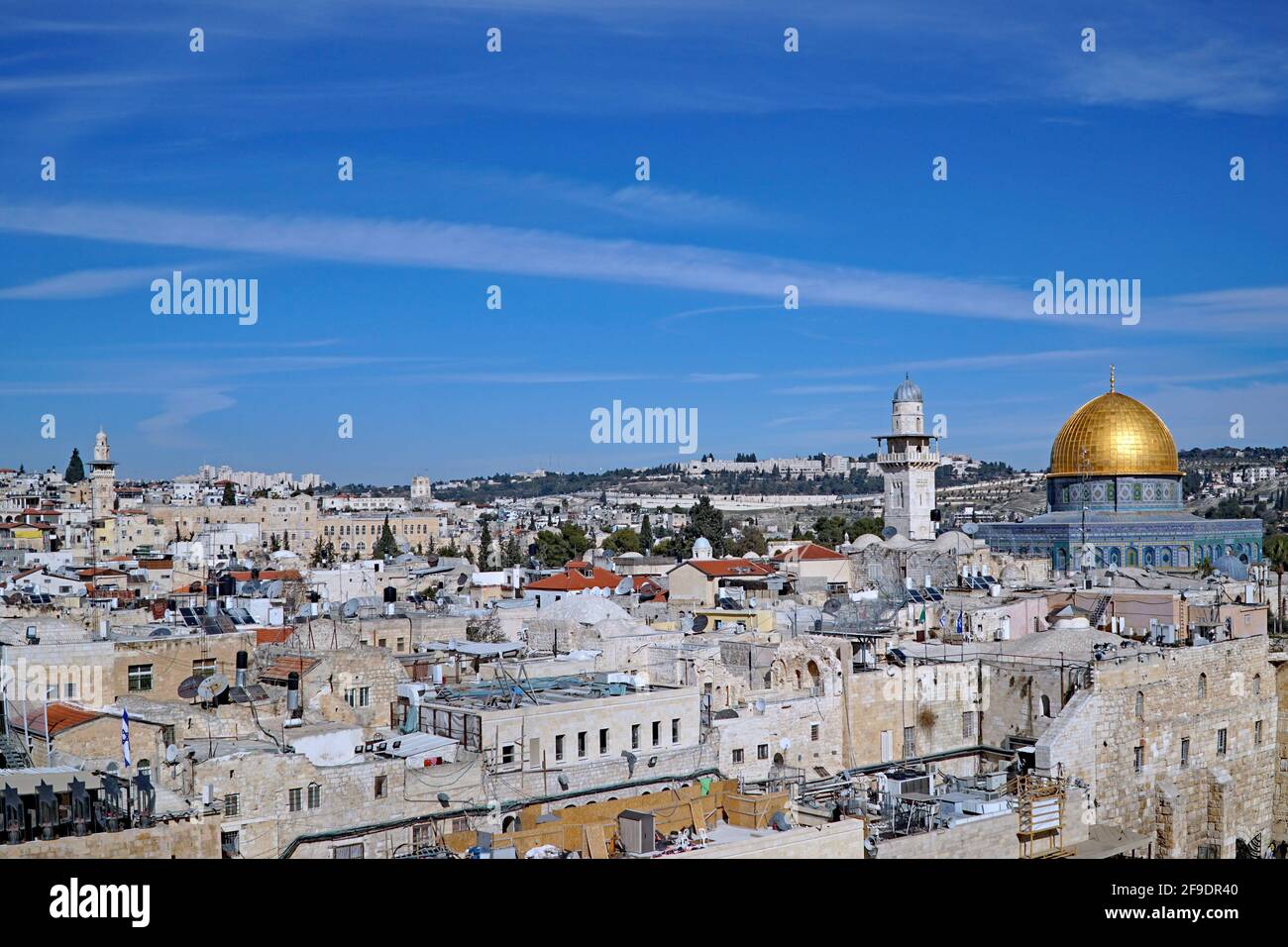 Jerusalem, rooftop view of skyline of old city near the Temple Mount ...