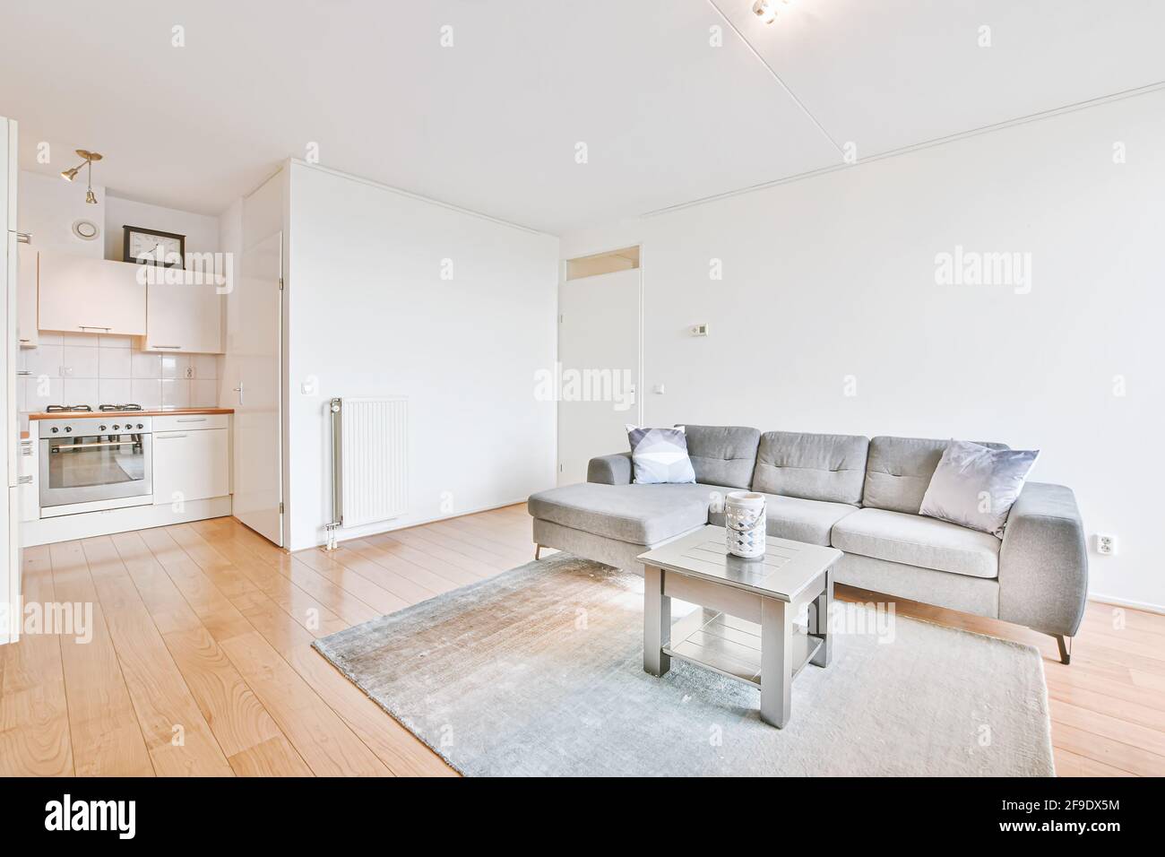 Modern apartment living room with open kitchen Stock Photo - Alamy