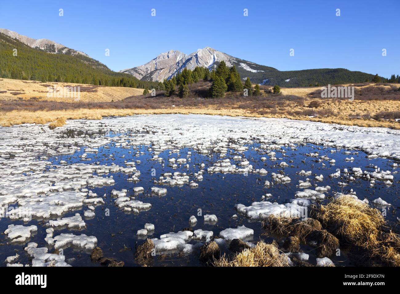 Snow Patches Covered Blue Lake Water Green Prairie Grass Early ...