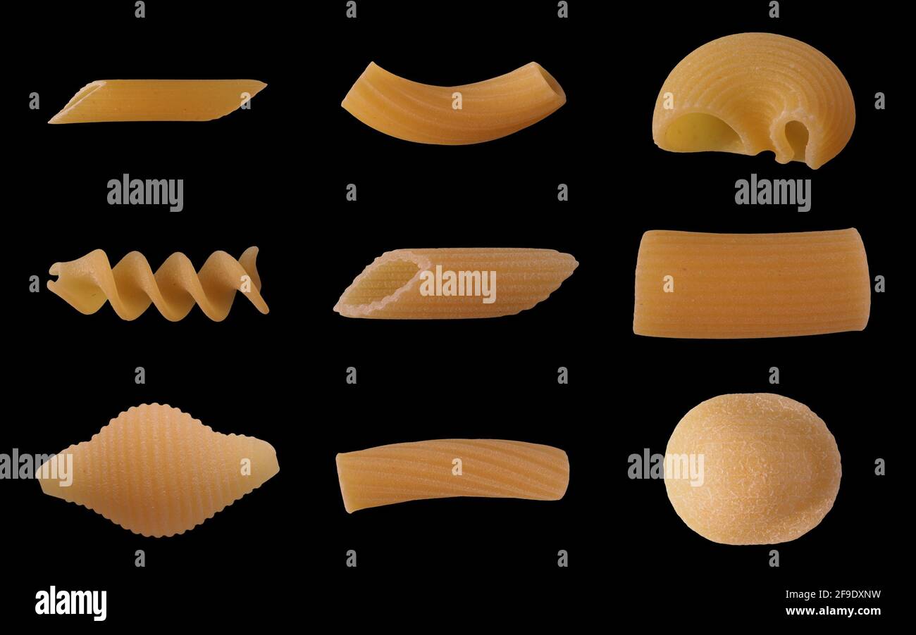 Nine types of Italian pasta over black background Stock Photo - Alamy