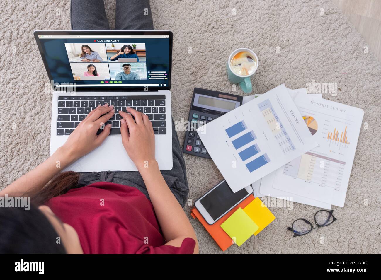 asian woman work from home with video conference online app ...