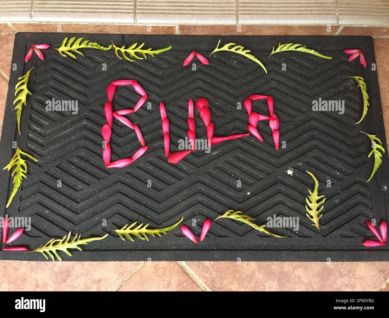A high angle shot of "BULA" text spelled out in flowers in a front door ...