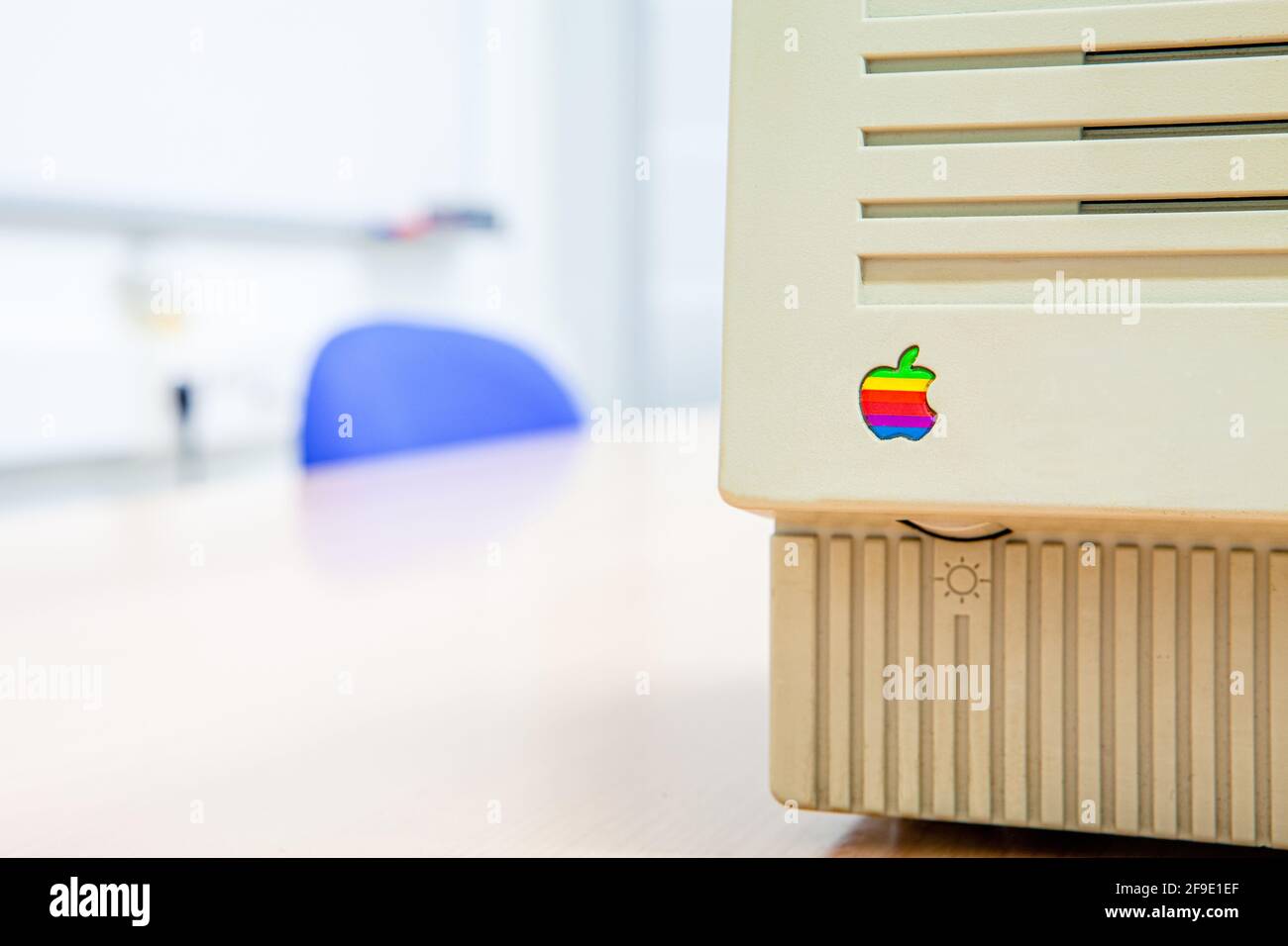 Apple workstation, antigue model of macintosh in a office background ...