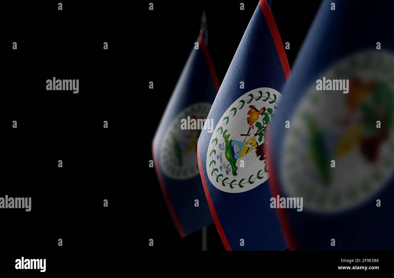 Small national flags of the Belize on a black background Stock Photo ...