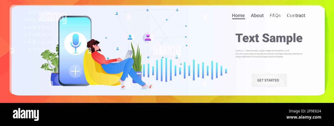 girl communicating in instant messenger by voice messages audio chat ...